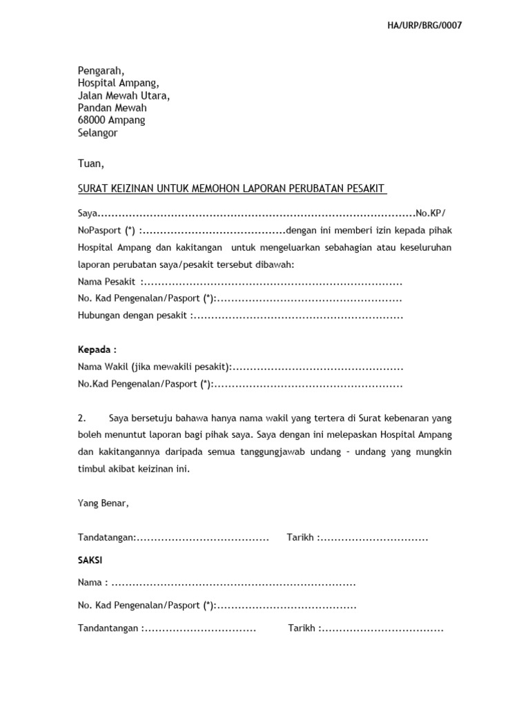 Surat Keizinan Permohonan Laporan Perubatan | PDF