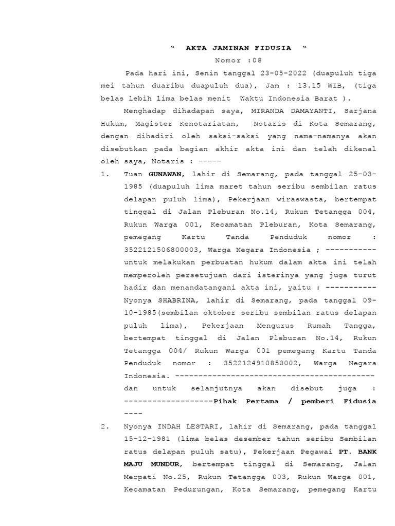 Contoh Akta Jaminan Fidusia | PDF
