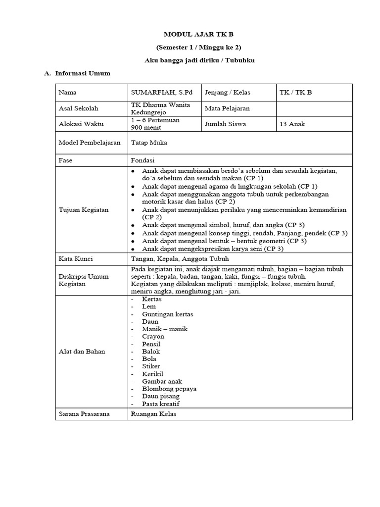 Modul Ajar TK B Minggu 3 SUMARFIAH | PDF | Seni & Disiplin Bahasa ...