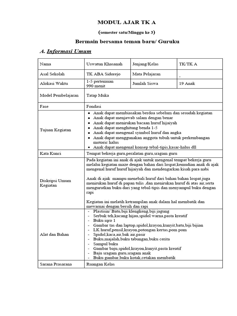 Modul Ajar TK A Minggu 3 | PDF | Seni & Disiplin Bahasa