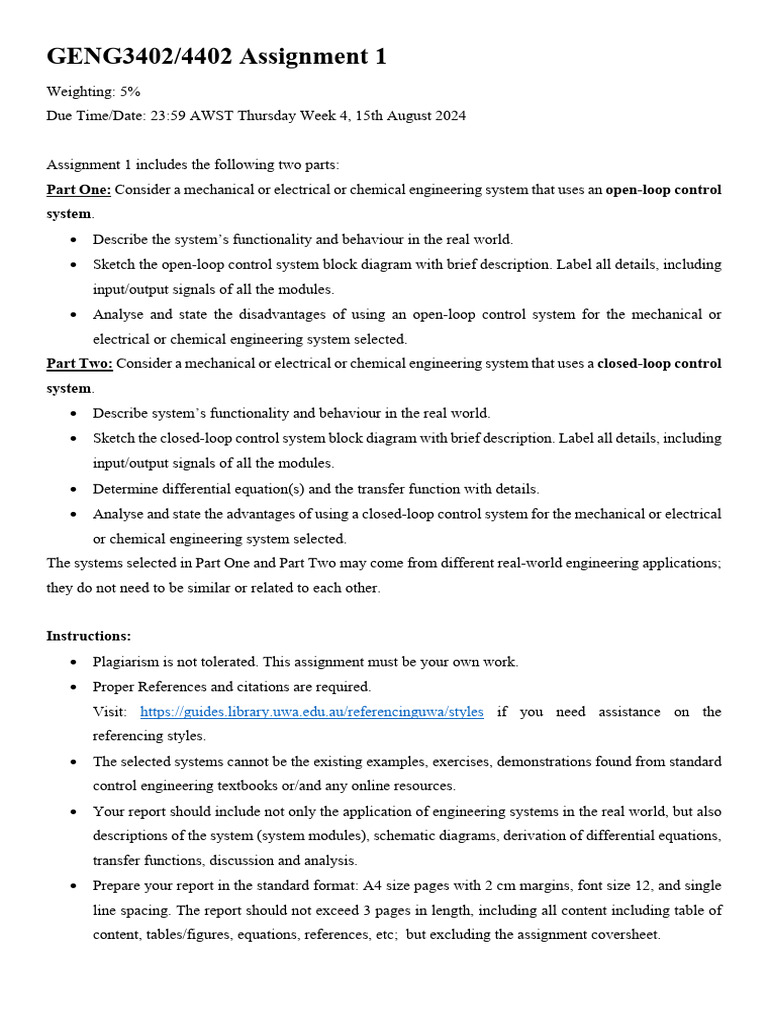 GENG4402 Assignment 1 2024 Sem-2 | PDF | Control Theory | Computer Engineering