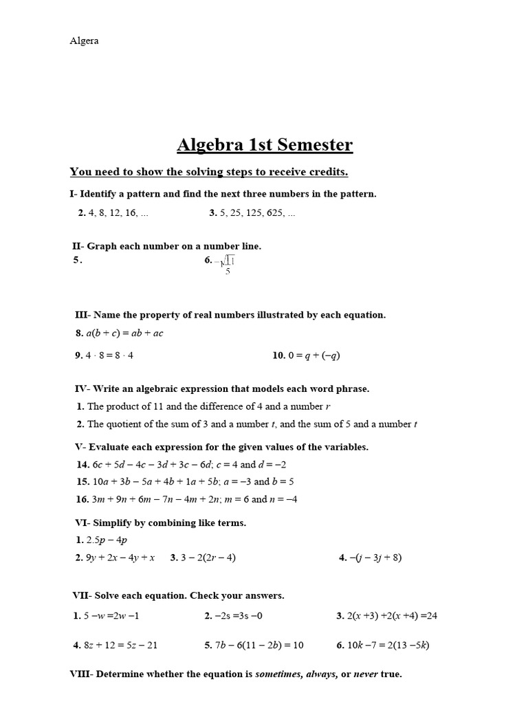 Algebra 1st Semester Problem Set | PDF | Algebra | Equations