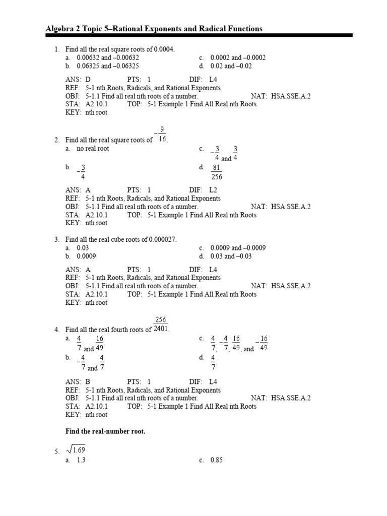 Algebra 2 Topic 5 Question Bank | PDF | Equations | Exponentiation
