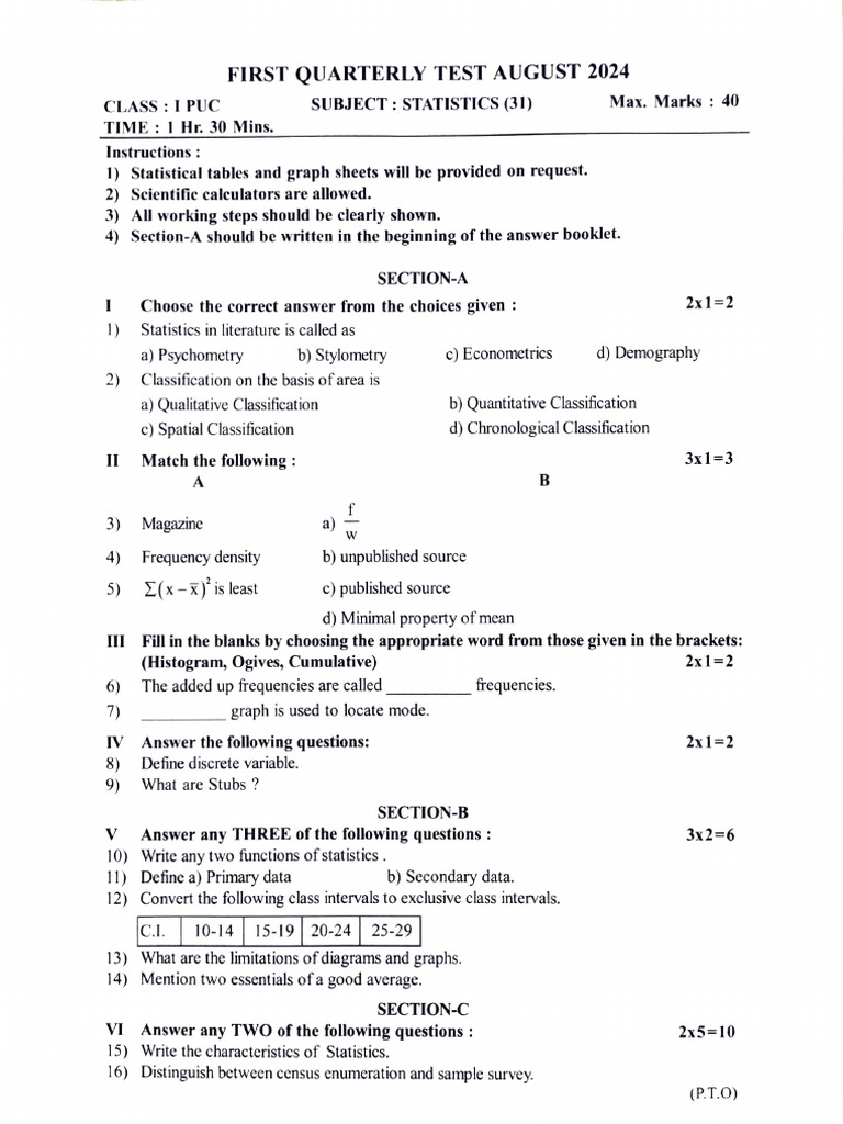 1 PU Quarterly 2024 | PDF | Statistics | Histogram