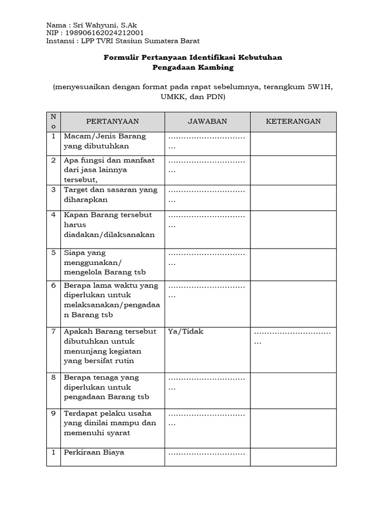 Formulir Identifikasi Kebutuhan Kambing | PDF | Pengelolaan Keuangan ...