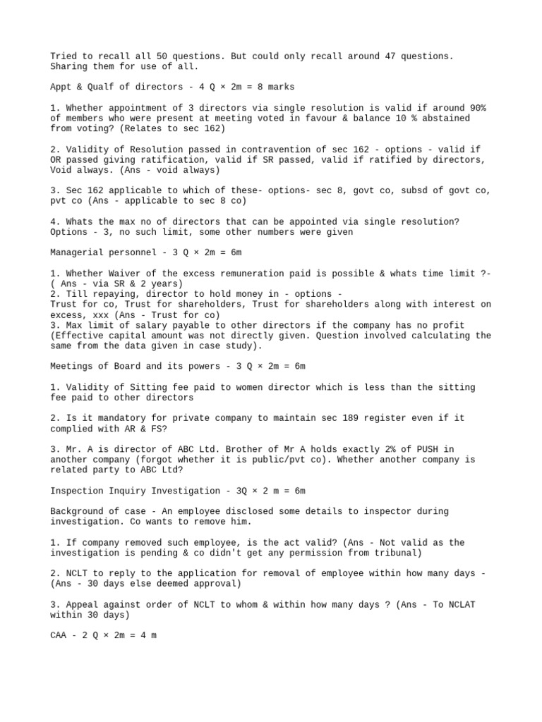 Recall Questions on Corporate Governance | PDF | Loans | Private Sector