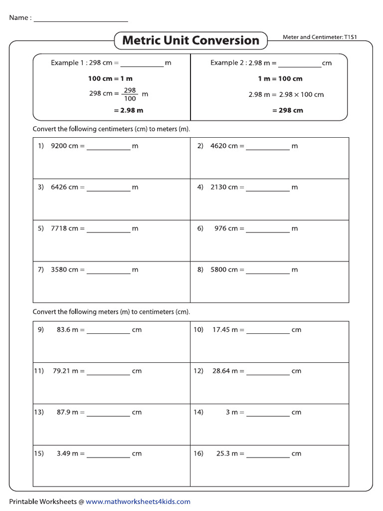Worksheets - 3rd Grade - Measurement - Meter Centimeter All Key | PDF