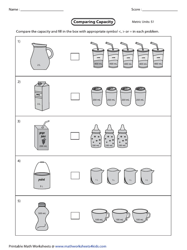 Worksheets - 3rd Grade - Measurement - Capacity Compare Metric All Key ...