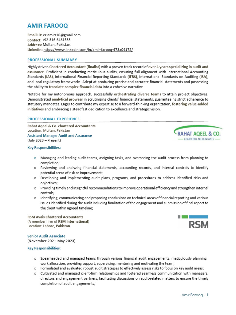 Amir Farooq Resume | PDF | Audit | Internal Control