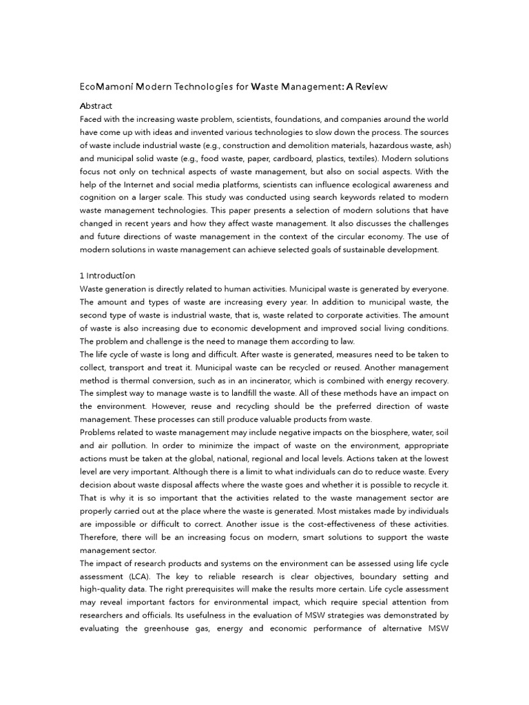 EcoMamoni Modern Technologies For Waste Management | PDF | Waste ...