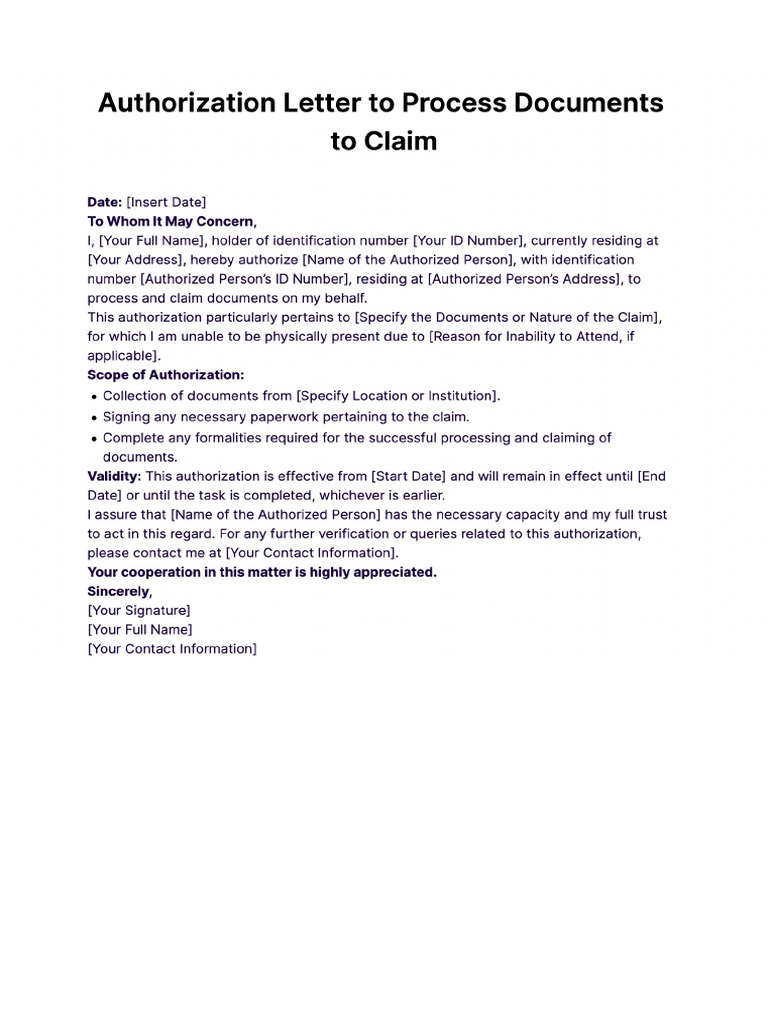 Authorization Letter To Process Documents To Claim | PDF