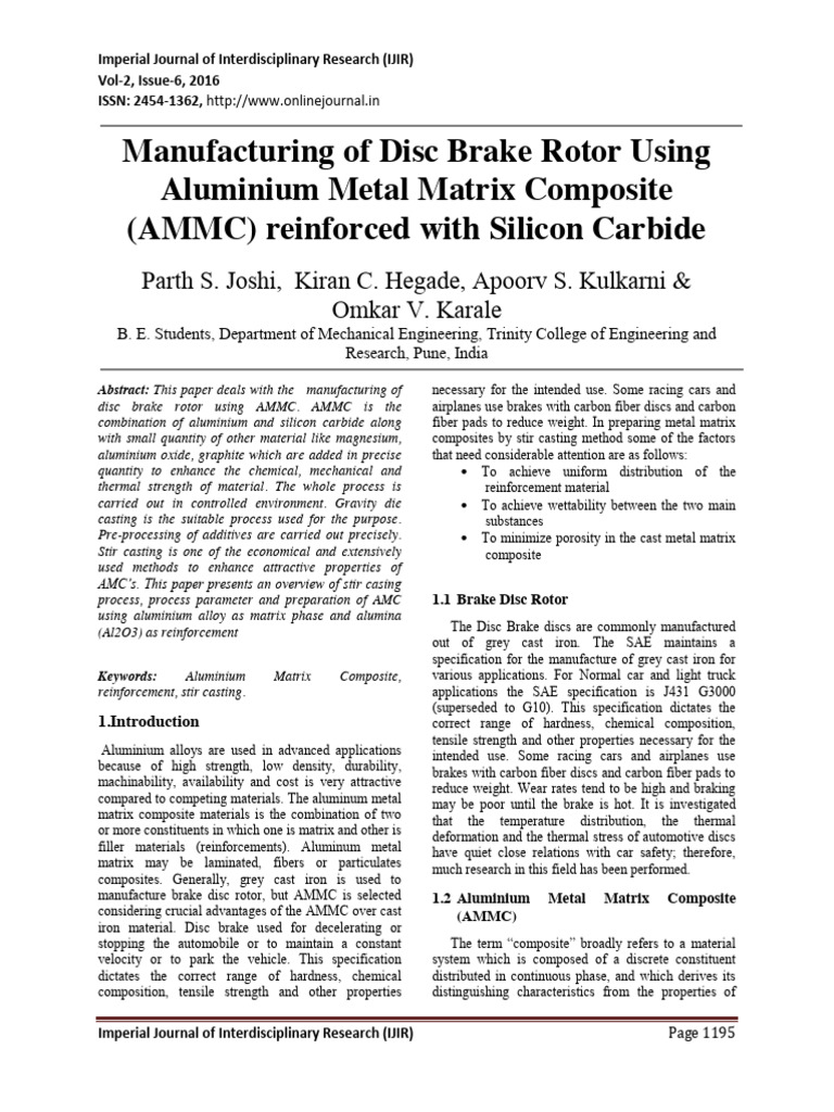 Disc Brake Rotor Using Aluminium Metal Matrix Composite Reinforced With Silicon Carbide | PDF ...