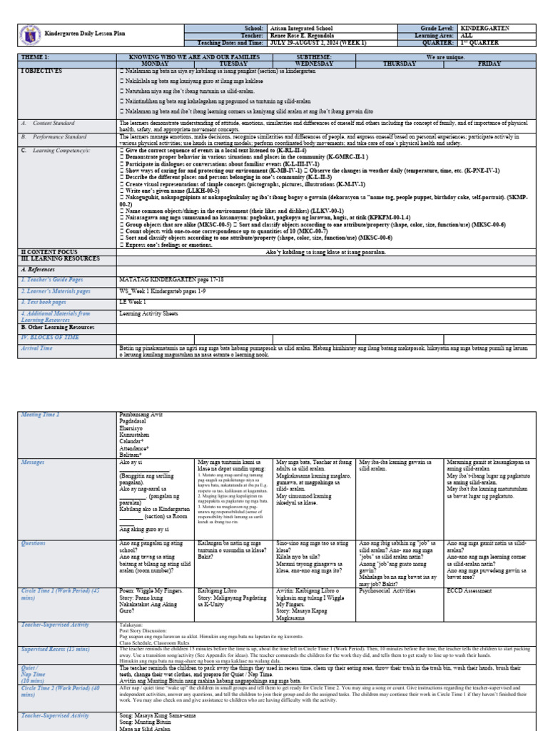 DLL Kinder - Q1 W1-Orientation | PDF | Learning | Cognition