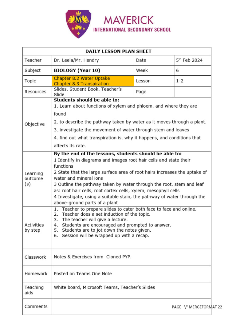 Year 10 Biology Lesson Plan: Water Uptake | PDF | Root | Plant Stem