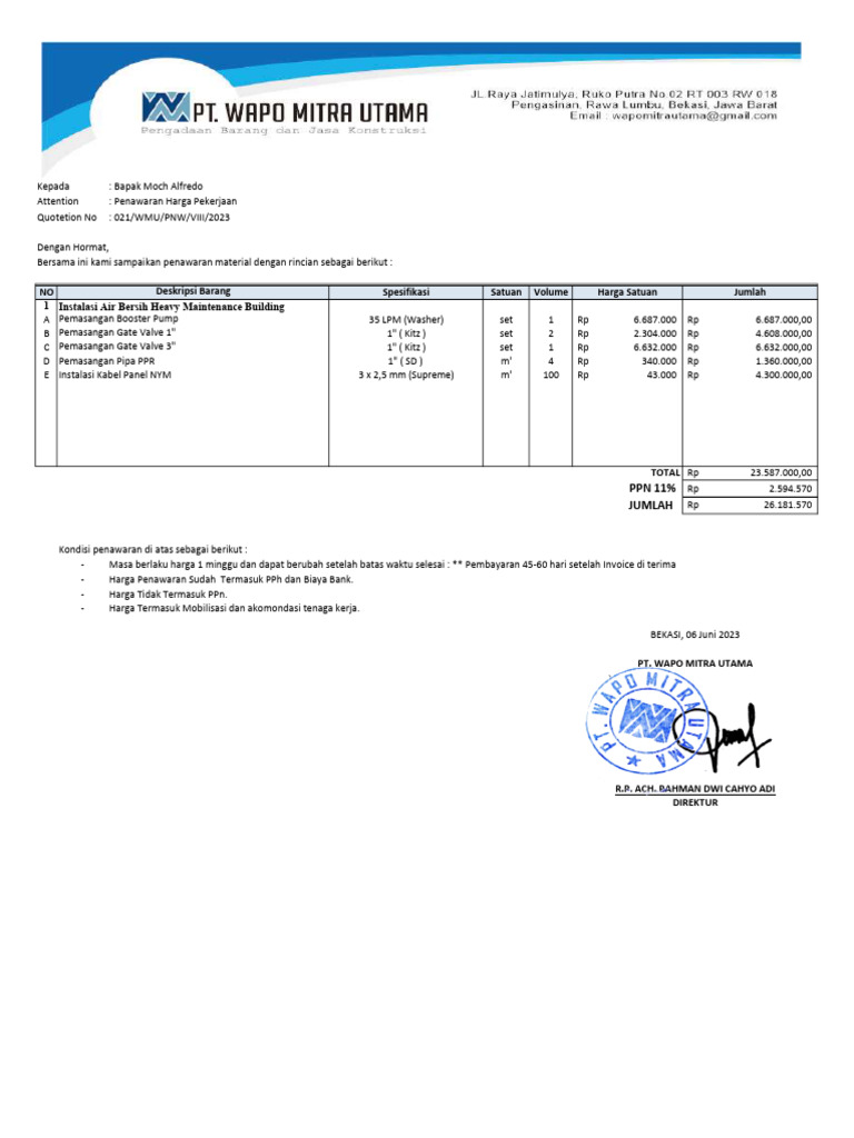 Penawaran Instalasi Air Bersih HMB. BPK Alfredo | PDF