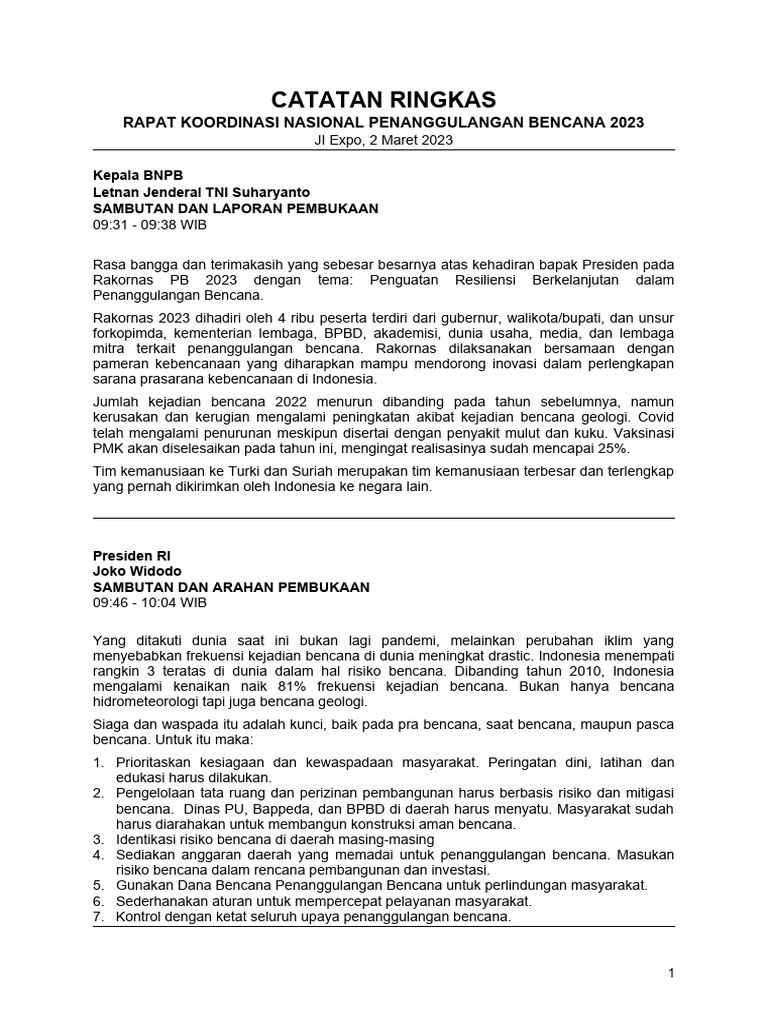 Catatan Ringkas Rakornas PB 2023 | PDF