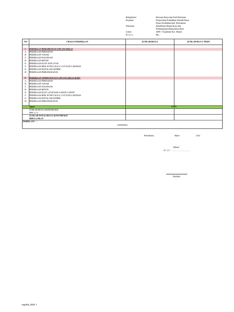 BOQ Pembangunan Dan Rehabilitasi Ruang Kelas SDN 1 Tegaldatar | PDF