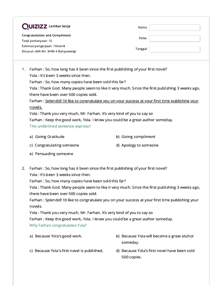 Congratulation and Compliment - Quizizz | PDF