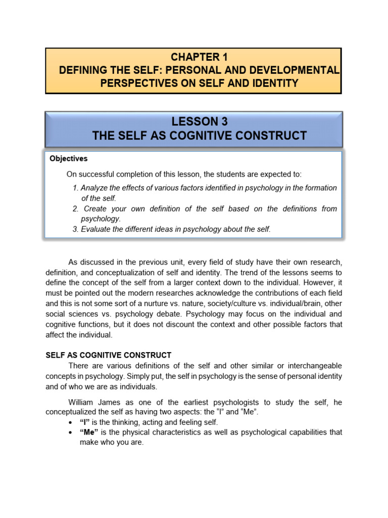 Chapter 1 Lesson 3 The Self As Cognitive Construct | PDF | Self Concept | Identity (Social Science)