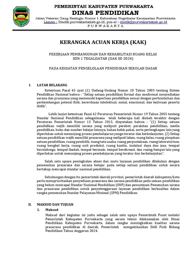 KAK Pembangunan Dan Rehabilitasi Ruang Kelas SDN 1 Tegaldatar DAK SD ...