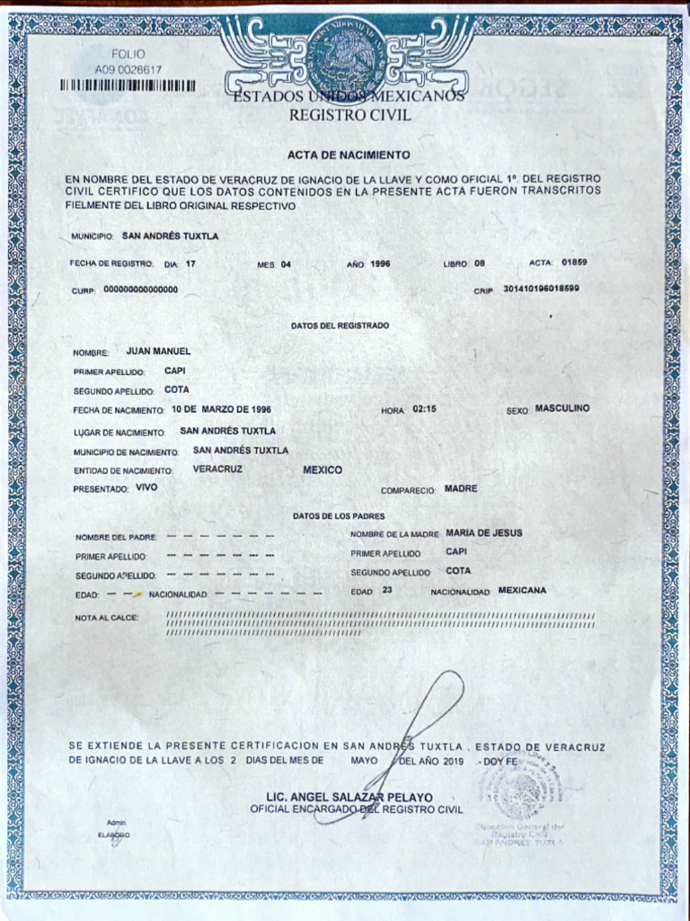 Acta de Nacimiento Juan Manuel Capi Cota | PDF