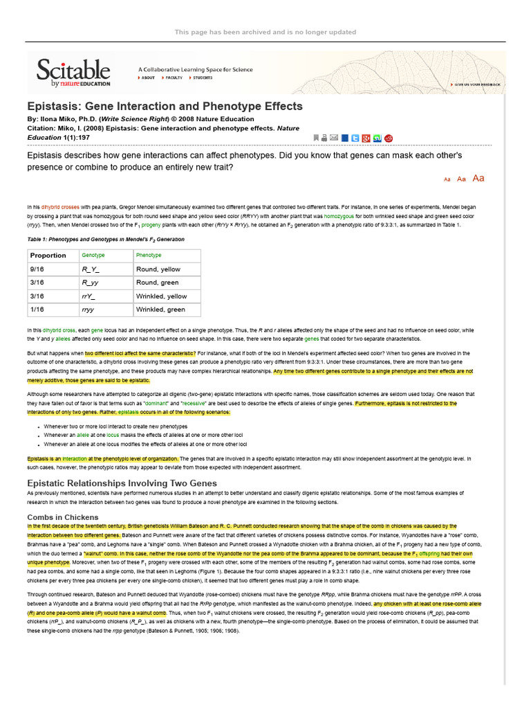 Epistasis and Its Effects On Phenotype | PDF | Dominance (Genetics) | Genotype