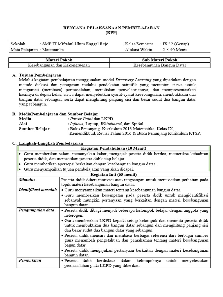 SUPERVISI RPP Kesebangunan Bangun Datar Pert 1 | PDF