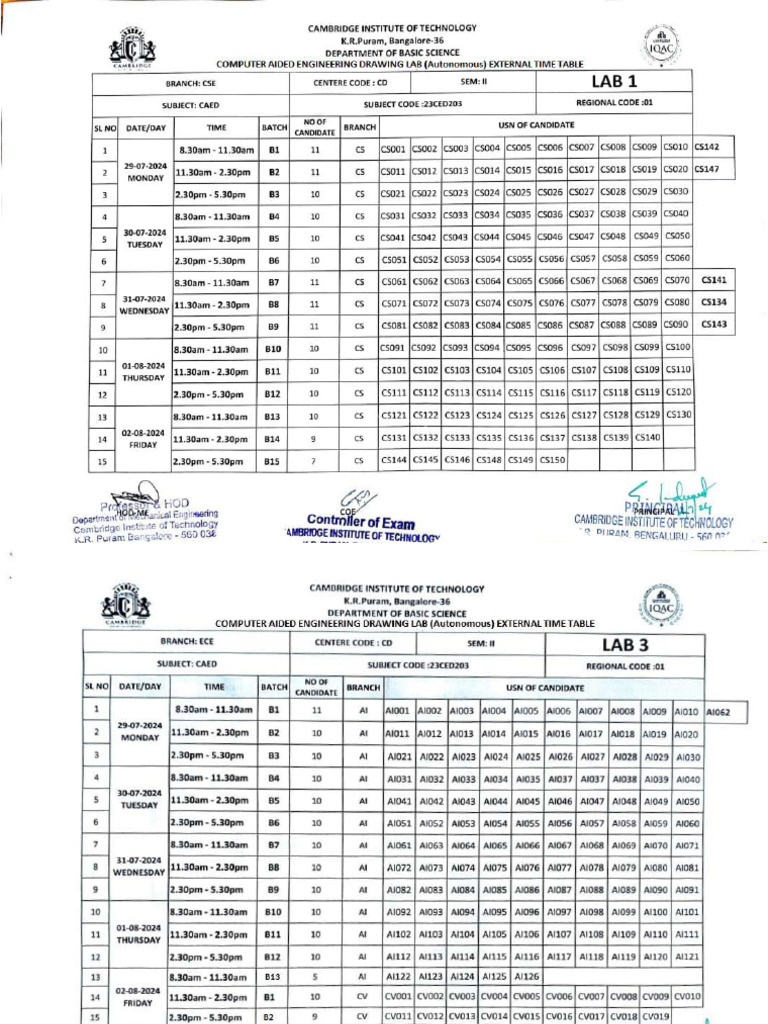 Caed Lab Time Table 2023-24 Even Sem Scanned | PDF