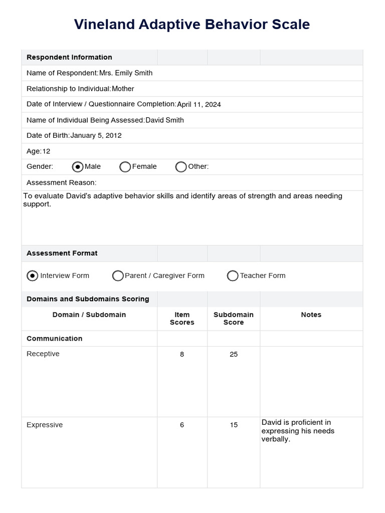 Vineland Adaptive Behavior Scale Sample | PDF | Behavior | Human ...