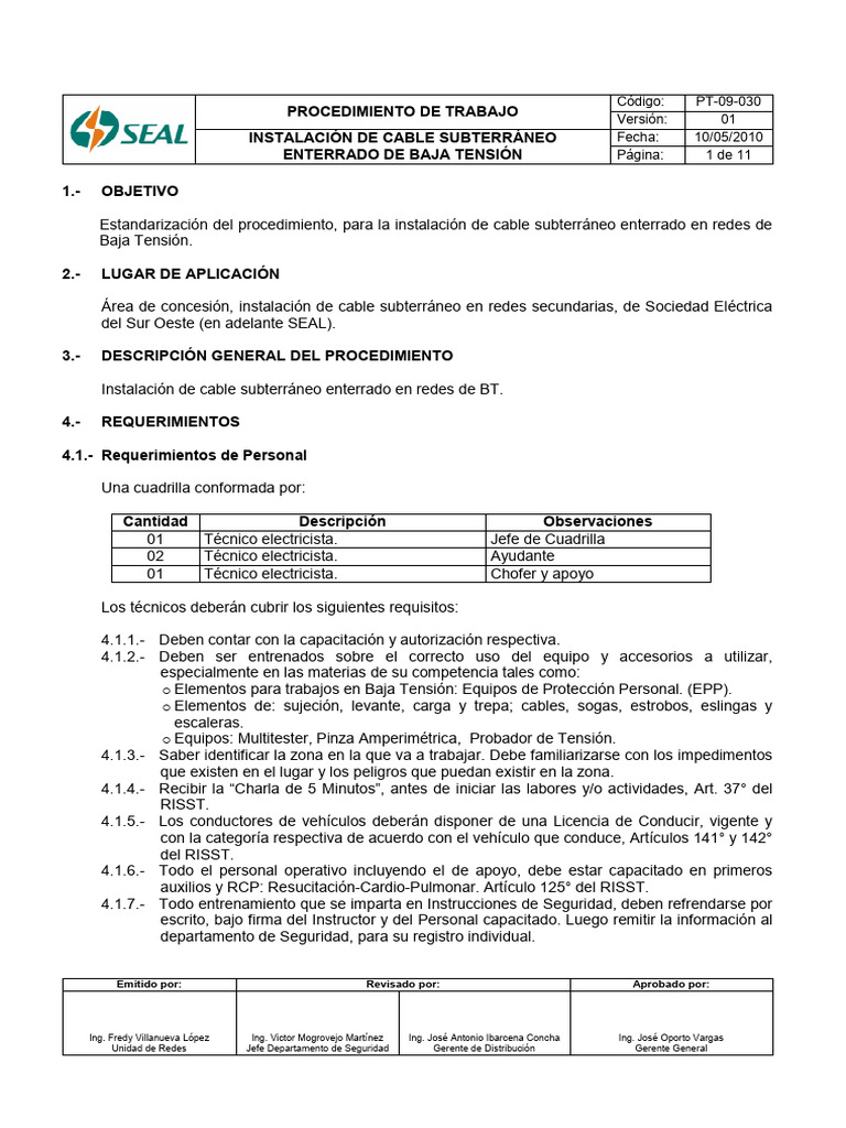 PT-09-030 Instalacion de Cable Subterr - 341neo Enterrado de B.T | PDF | Ingenieria Eléctrica ...