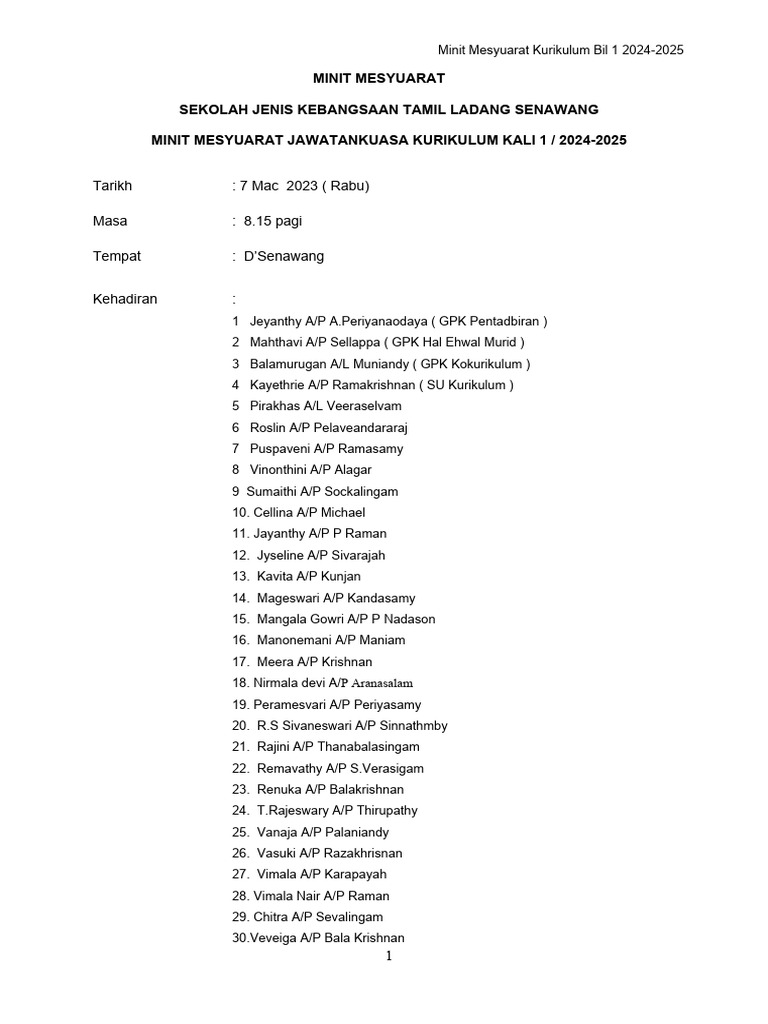 Minit Mesyuarat Kurikulum Bil 1 2024 | PDF