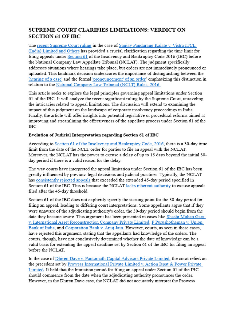 Supreme Court Clarifies Limitations-Verdict On Section 61 of Ibc | PDF ...