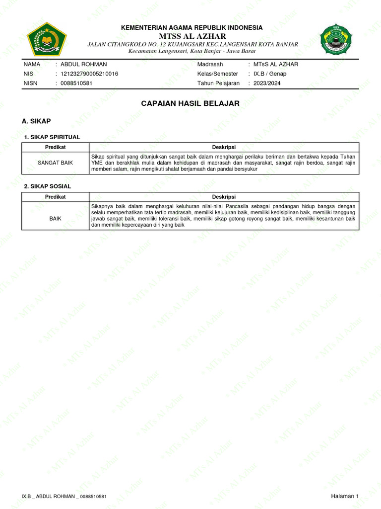 Rapor Abdul Rohman MTsS Al Azhar 2023/2024 | PDF