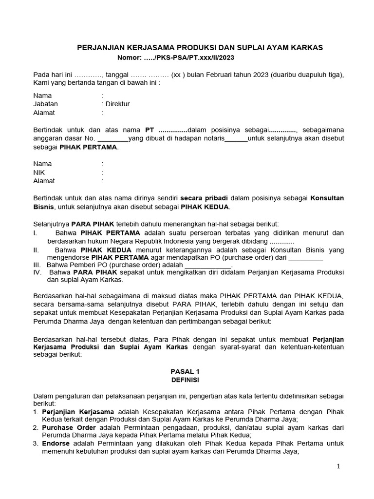 Draft Pks Produksi Dan Suplai Ayam Karkas - Edit | PDF