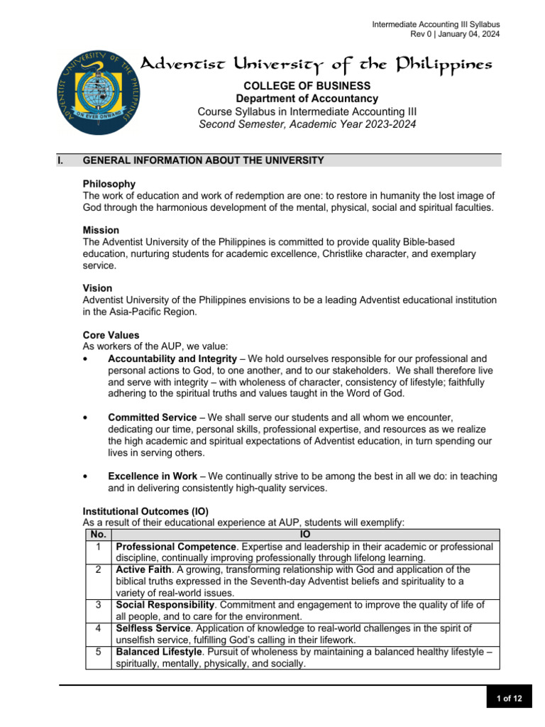 Intermediate Accounting Iii Syllabus Pdf Accounting Corporate