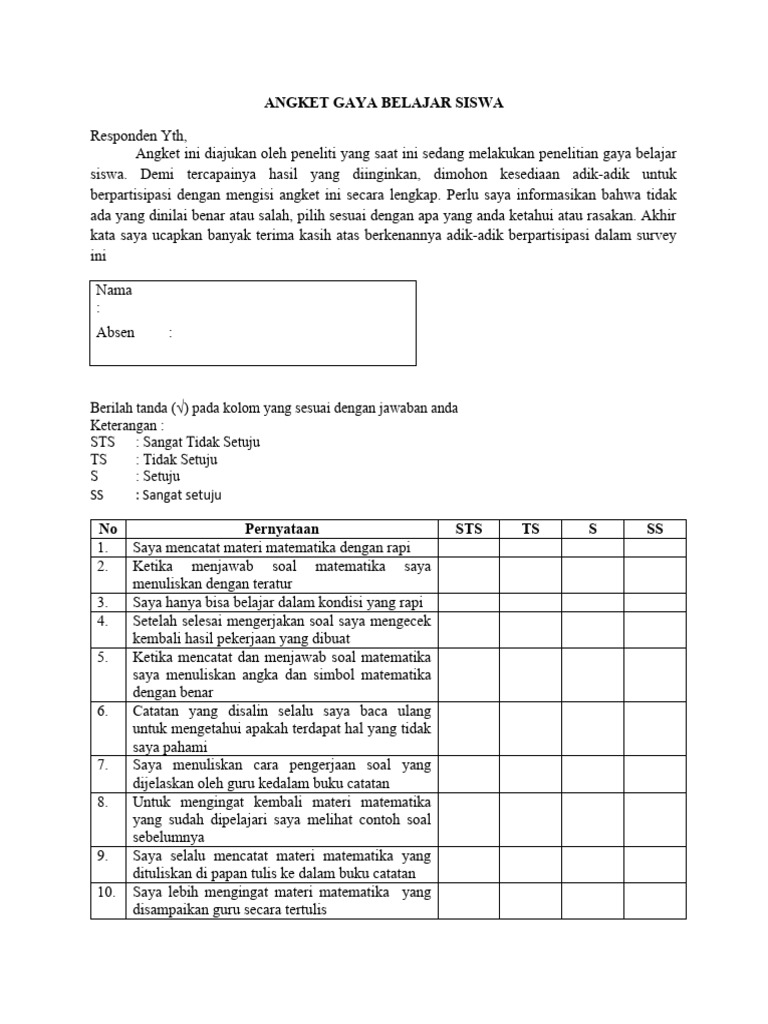 Angket Gaya Belajar Siswa | PDF