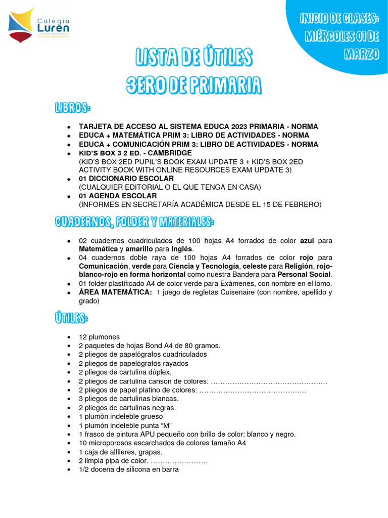 Lista de Útiles - 3ero de Primaria | PDF | Ropa | Color