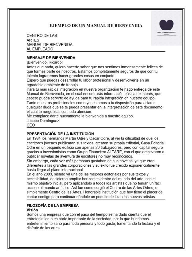 EJEMPLO DE UN MANUAL DE BIENVENIDA | PDF | Agua | Aprendizaje