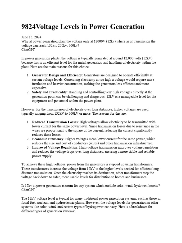 Voltage Levels in Power Generation | PDF | Electric Power | Electric ...