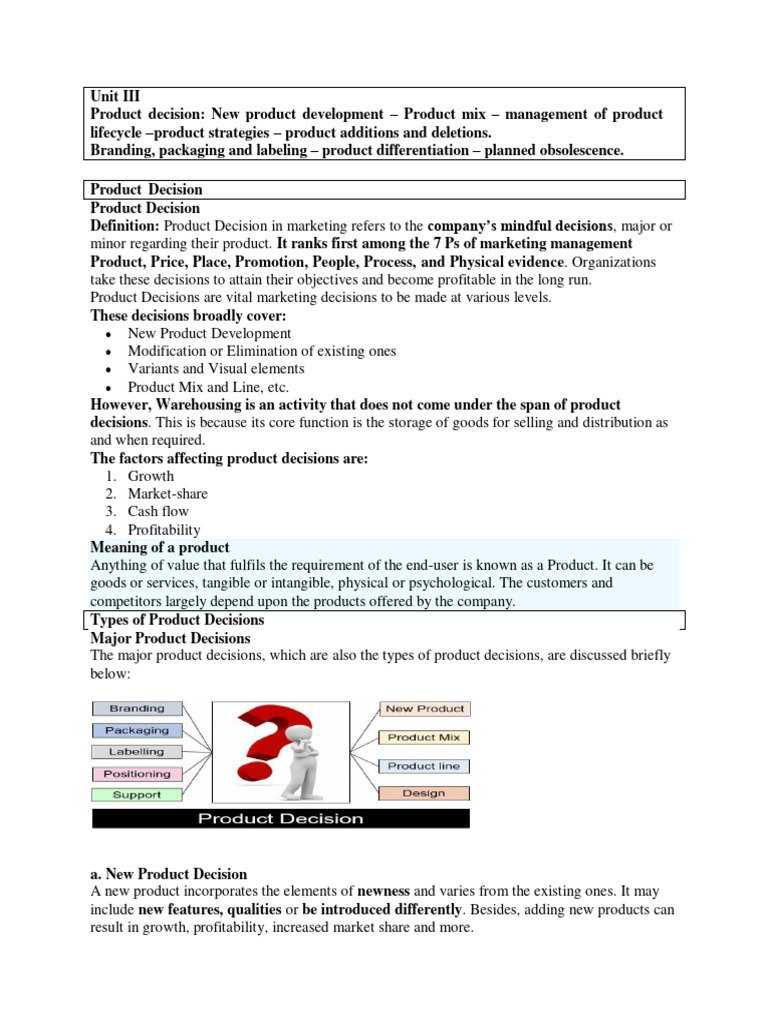 M M - Unit III - A - Product Decision | PDF | Product Lifecycle | Marketing