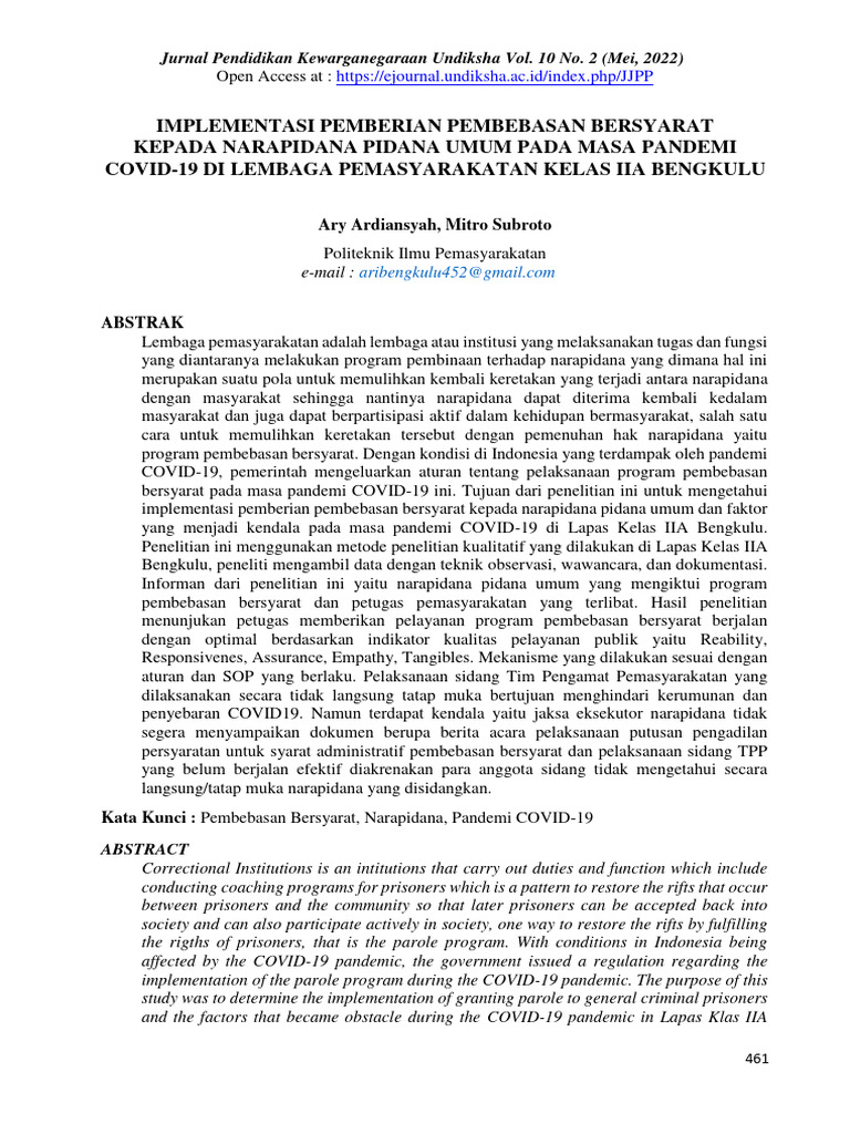 Implementasi Pemberian Pembebasan Bersyarat Kepada Narapidana Pidana Umum Pada Masa Pandemi Id ...