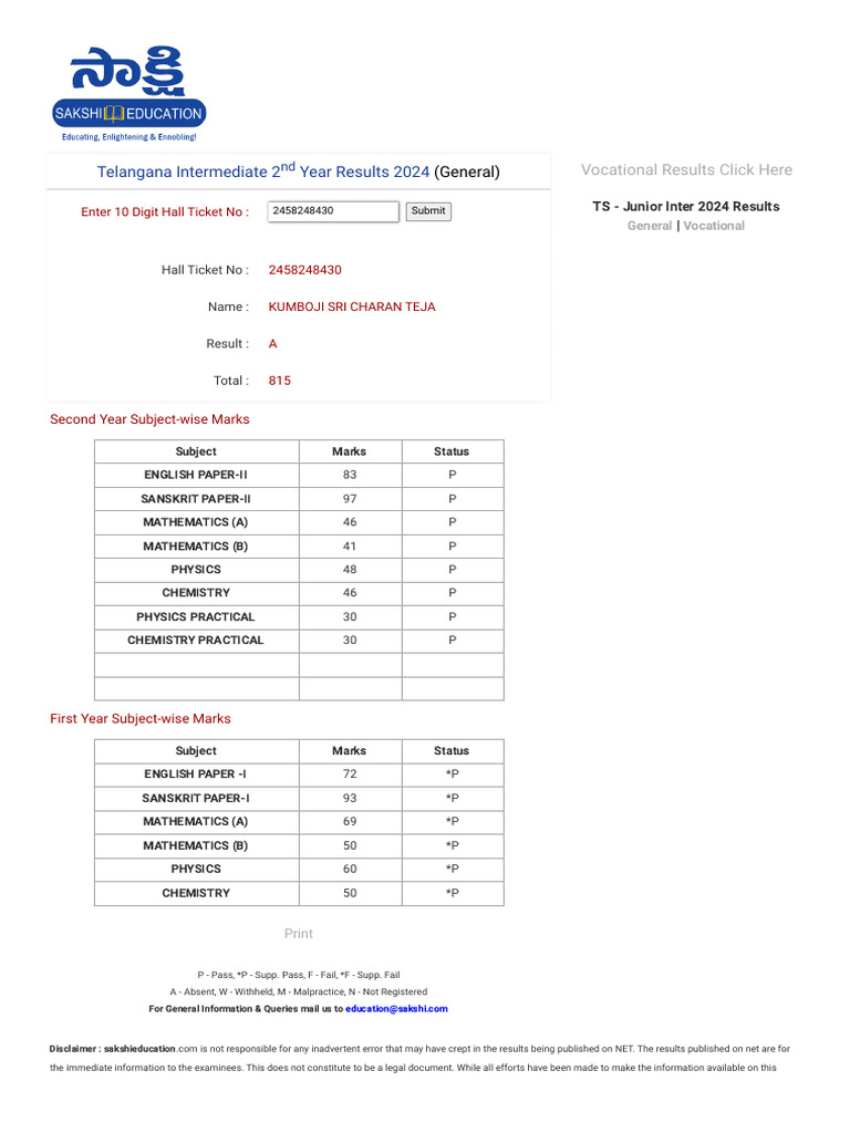 TS Intermediate 2nd Year Supply Results 2024 - Telangana SR Inter Results 2024 | PDF