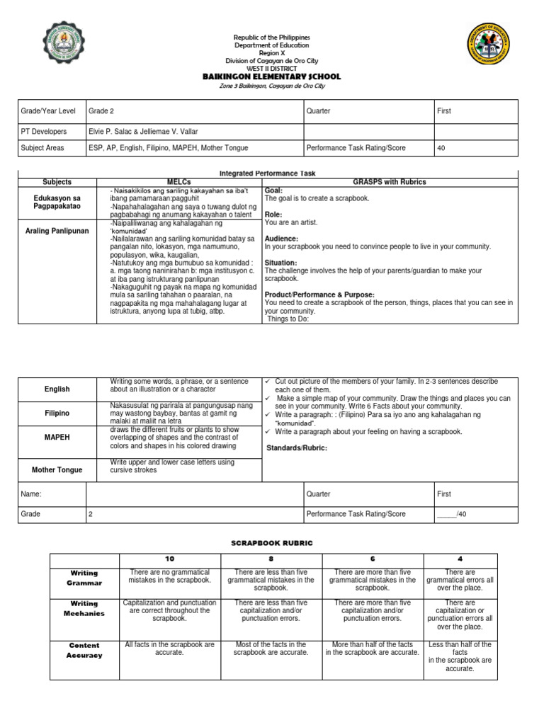 BaikingonES Grade 2 Performance Task | PDF | Fluency | Human Communication