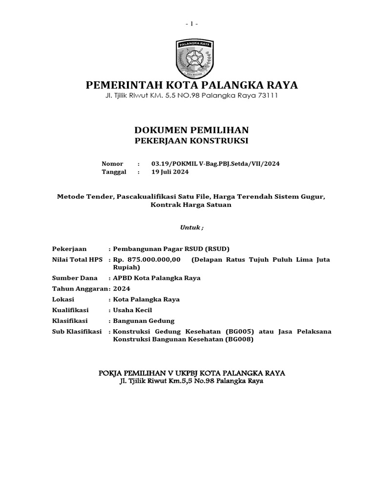 Dok Tender Pembangunan Pagar RSUD (RSUD) | PDF