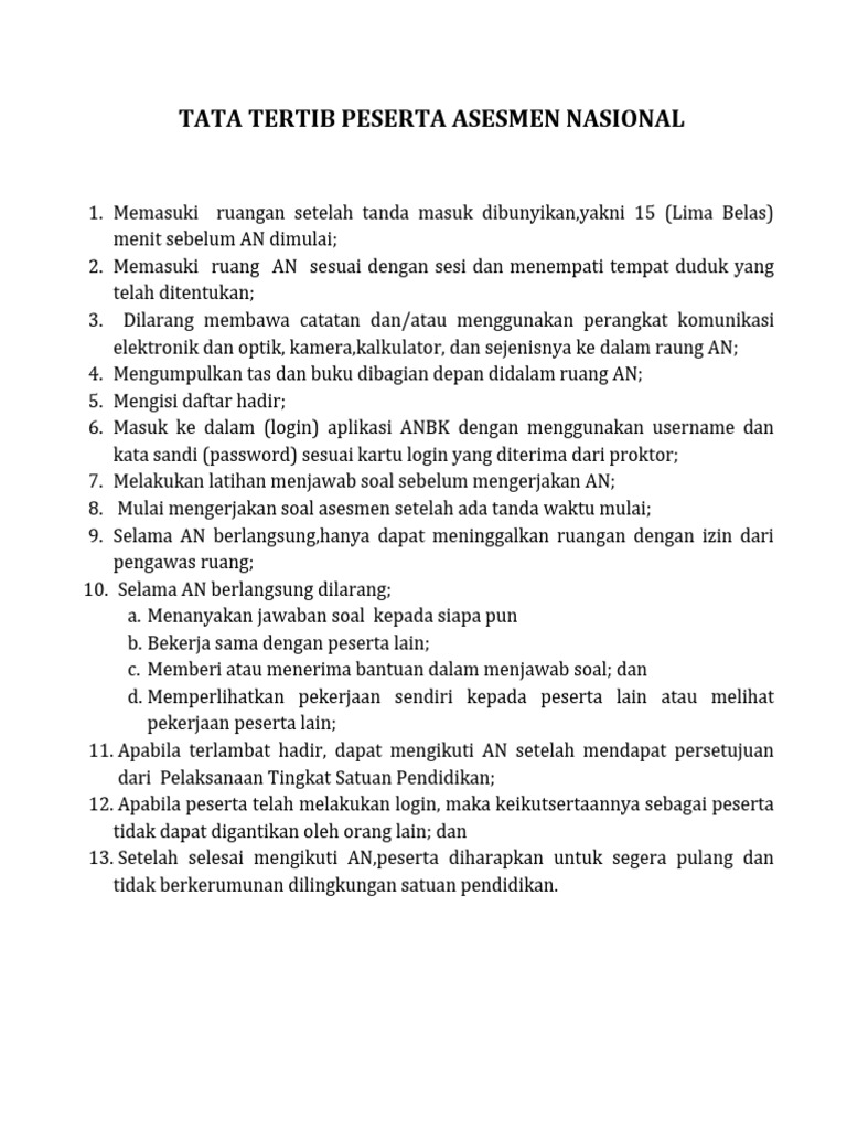 TATA TERTIB PESERTA Dan PENGAWAS ASESMEN NASIONAL | PDF