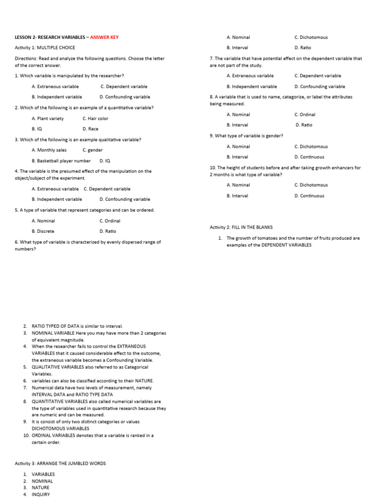 Lesson 2- Answer Key | PDF | Level Of Measurement | Categorical Variable