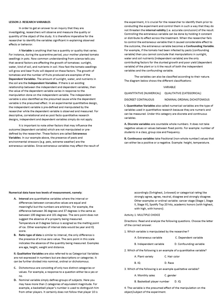 Lesson 2-Research Variables | PDF | Level Of Measurement | Categorical Variable