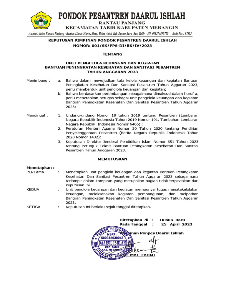 Contoh SK UNIT PENGELOLA KEUANGAN DAN KEGIATAN PP DAARUL ISHLAH | PDF | Pengelolaan Keuangan & Uang