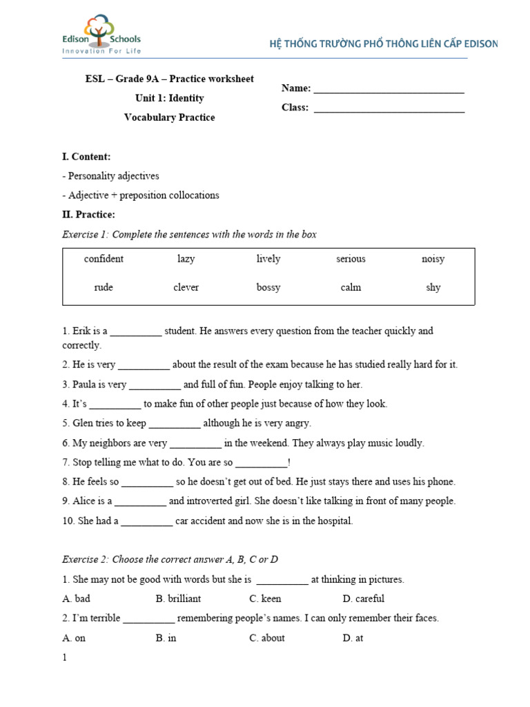 Unit 1 - Vocabulary Practice - Worksheet | PDF