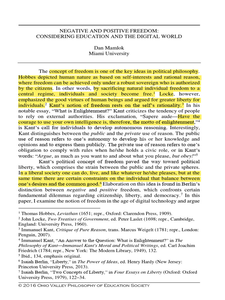 Positive and Negative Freedom | PDF | Free Will | Immanuel Kant